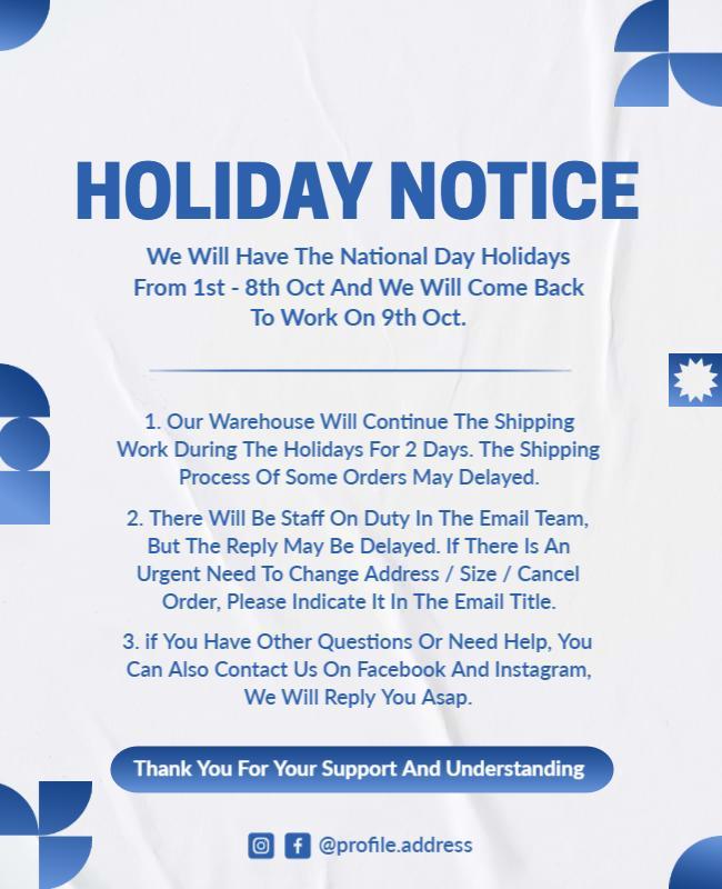 Modern Blue Geometric Holiday Notice Announcement Poster Template