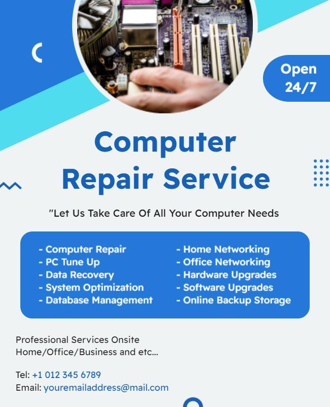 Modern Blue Tech Computer Repair Service Poster Template