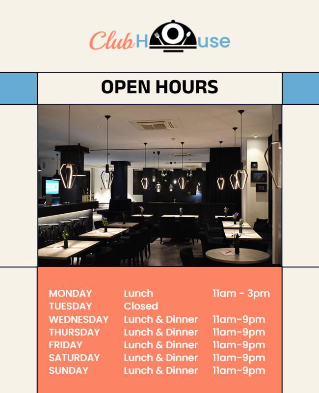 Modern Elegant Restaurant Open Hours Information Poster Template
