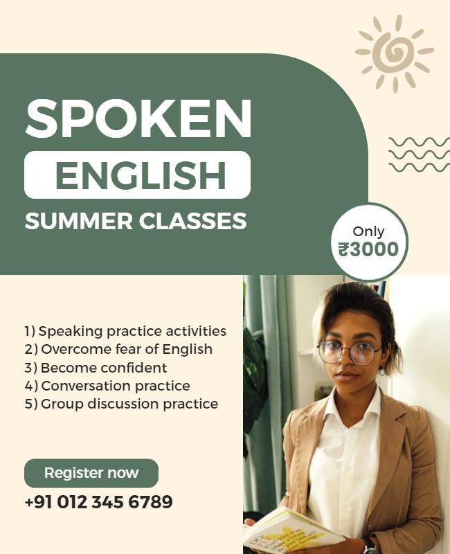 Modern Mint Green Spoken English Summer Classes Poster Template