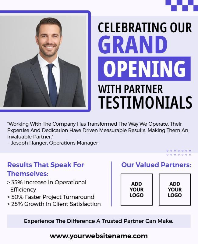 Modern Purple Professional Grand Opening Testimonials Flyer Template