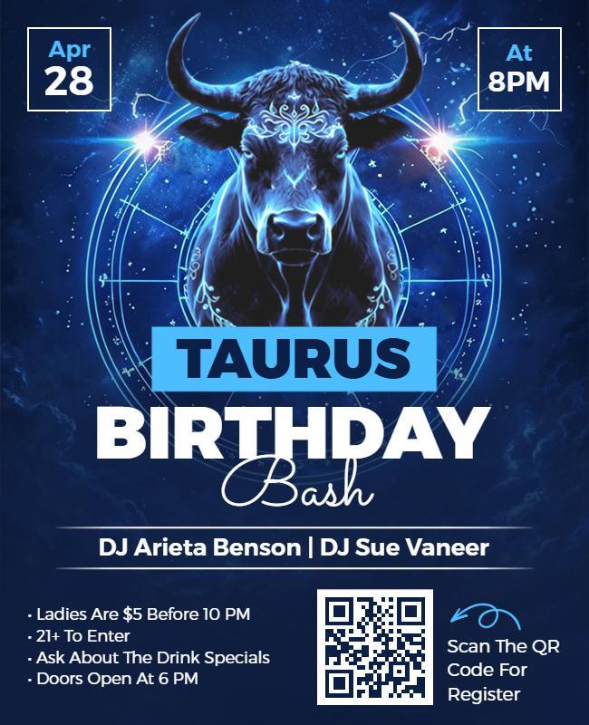 Mystical Blue Taurus Birthday Bash Celebration Poster Template