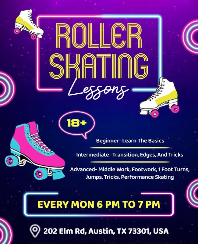 Neon Bright Roller Skating Lessons for Adults Poster Template
