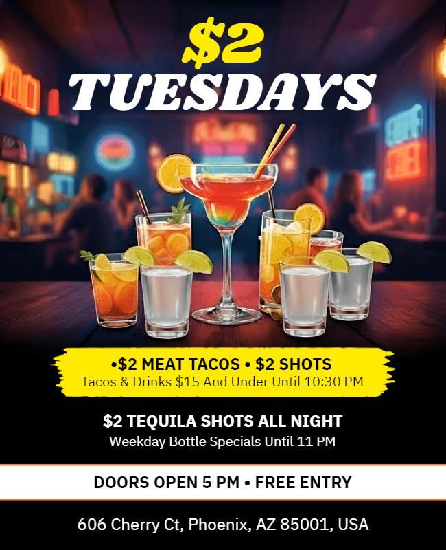 Neon Lights $2 Tuesday Drink Special Event Flyer Template