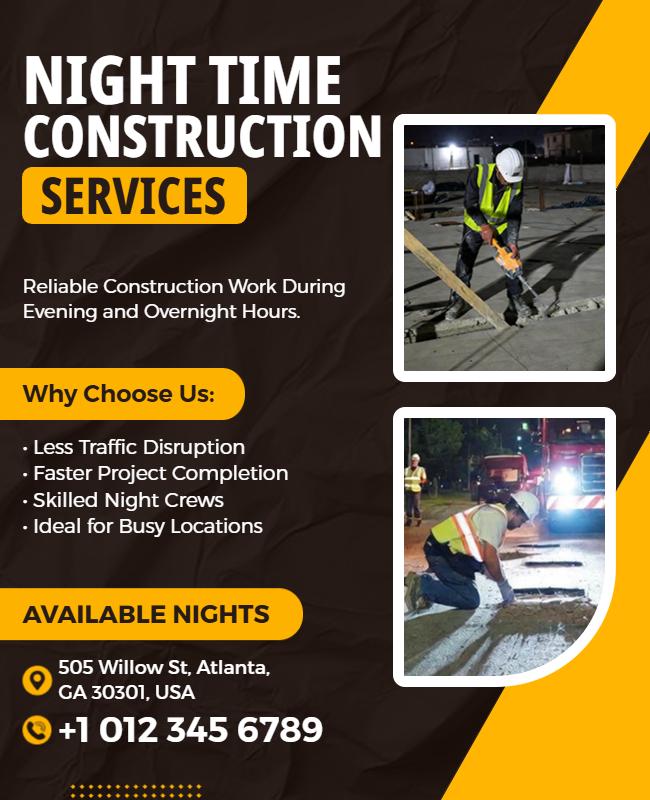 Night Time Construction Services Flyer Template