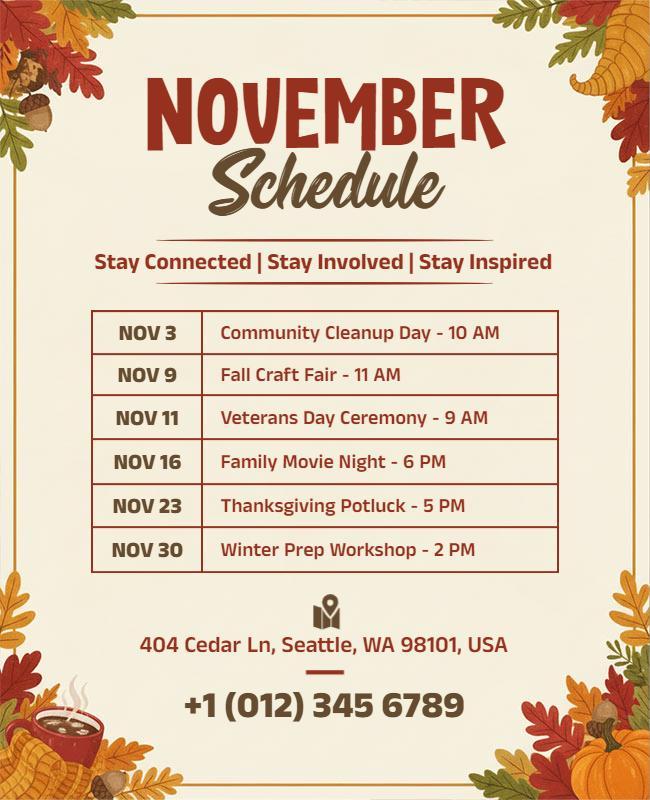 November Community Event Schedule Flyer Template