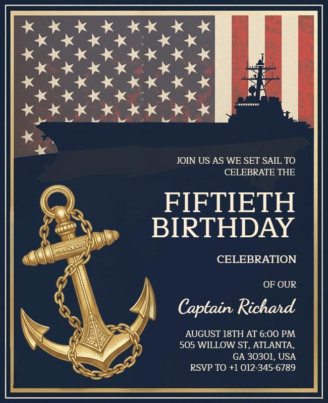Patriotic Navy 50th Birthday Party Celebration Flyer Template