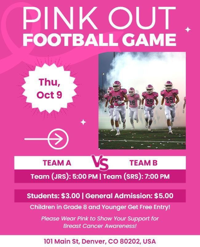 Pink Out Breast Cancer Awareness Football Game Flyer Template