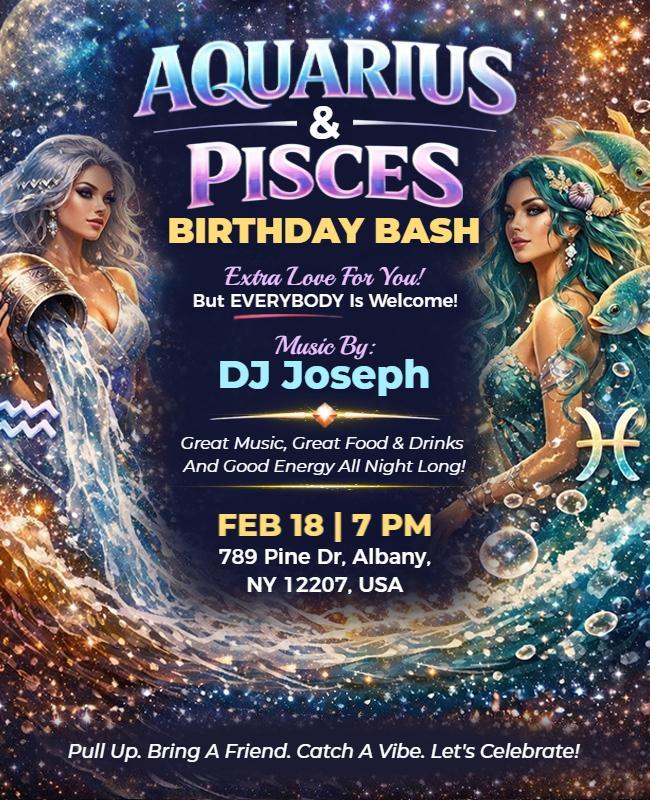 Pisces and Aquarius Zodiac Birthday Bash Event Flyer Template