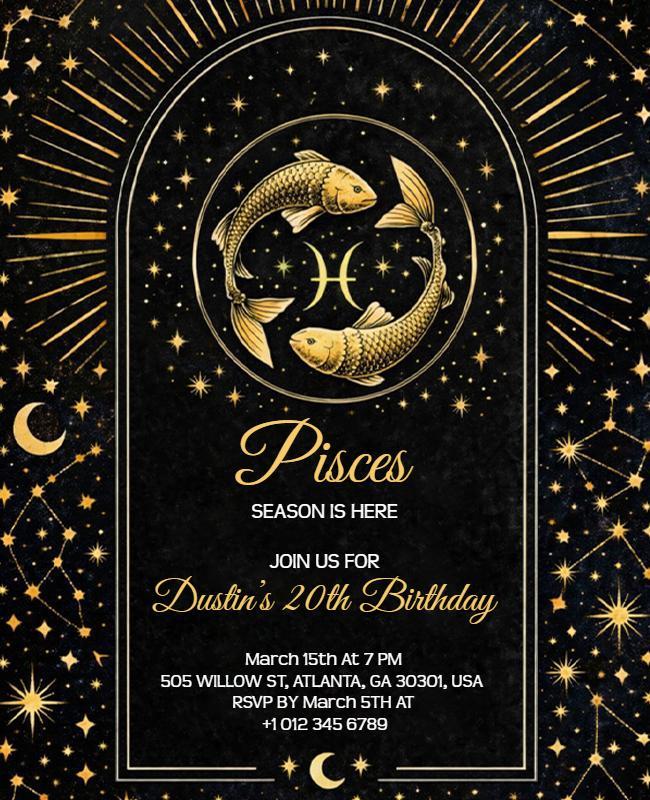Pisces Zodiac 20th Birthday Celebration Flyer Template