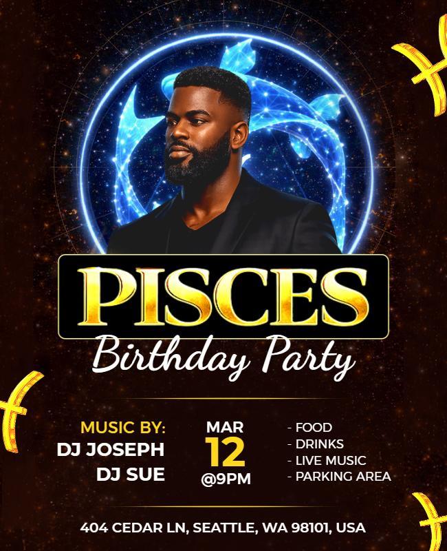 Pisces Zodiac Birthday Party Flyer Template