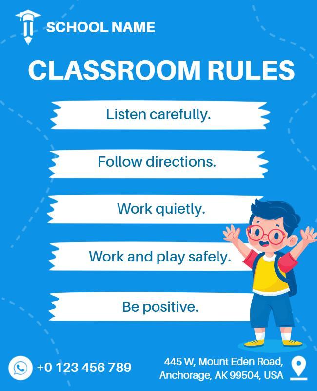 Playful Blue Classroom Rules Educational Poster Template
