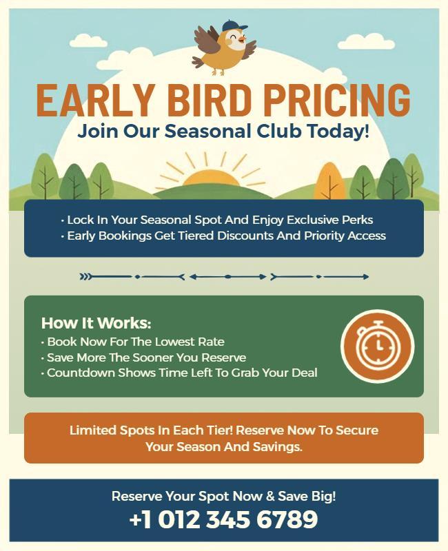 Playful Early Bird Seasonal Club Membership Flyer Template