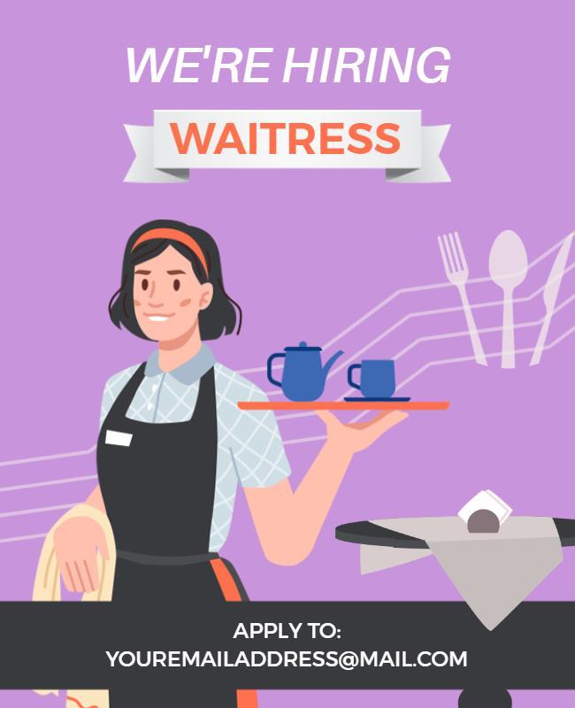 Playful Purple Hiring Waitress Announcement Poster Template