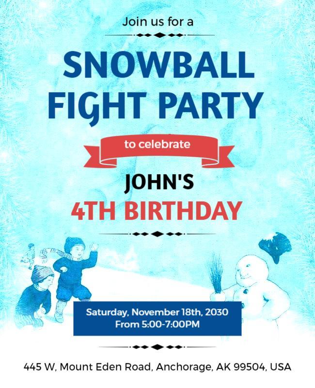 Playful Winter Snowball Fight Birthday Celebration Poster Template