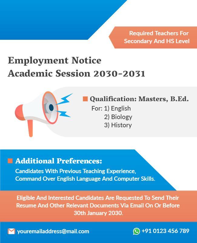 Professional Blue Employment Notice for Teaching Positions Poster Template