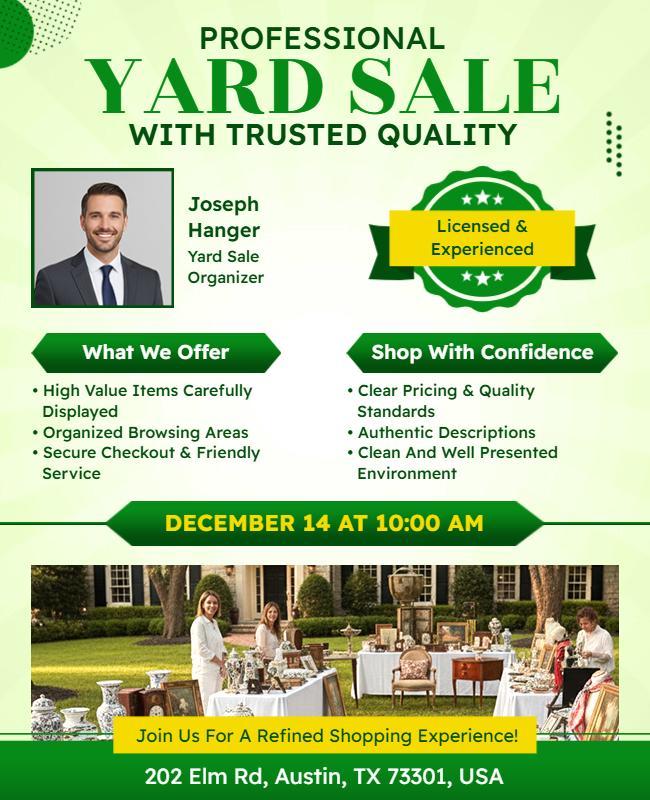 Professional Green Trusted Quality Yard Sale Event Flyer Template