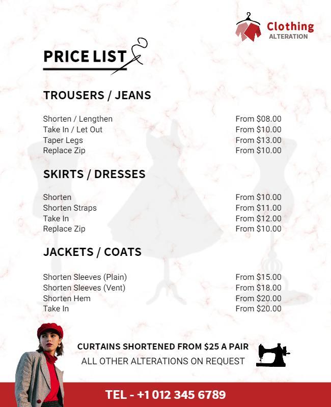 Professional Tailoring Price List for Clothing Alterations Poster Template