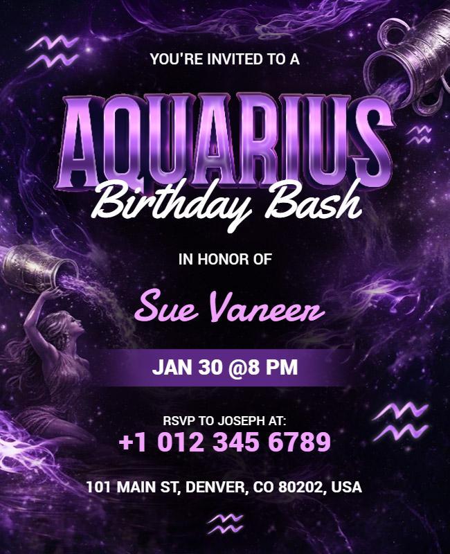 Purple Aquarius Birthday Event Flyer Template