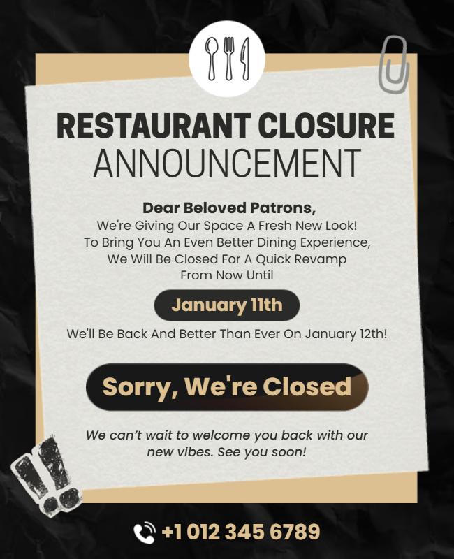 Restaurant Closure Announcement Flyer Template