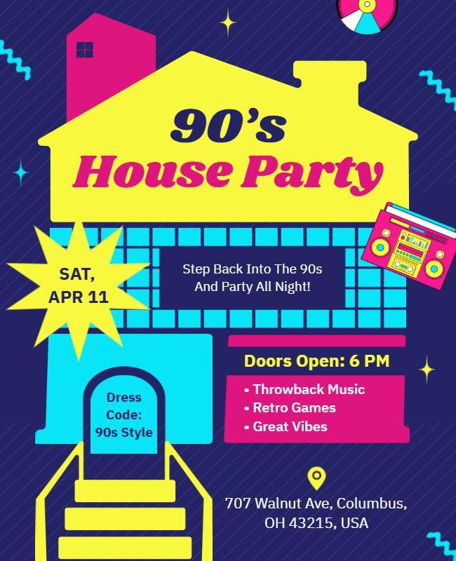 Retro 90's House Party Poster Template