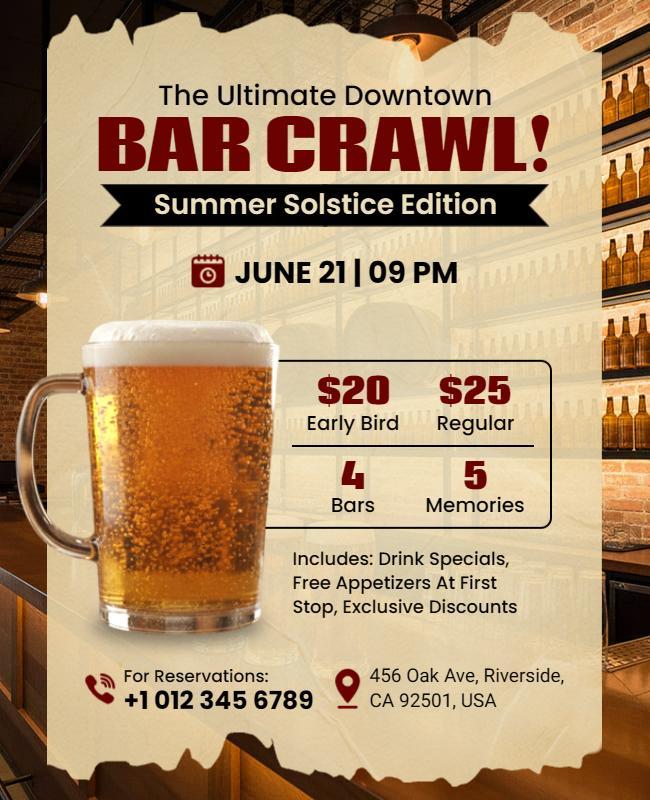 Rustic Beer Mug Design for Downtown Bar Crawl Flyer Template
