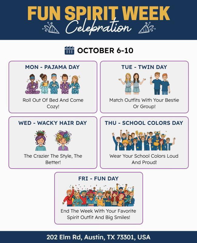 School Fun Spirit Week Celebration Activities Flyer Template