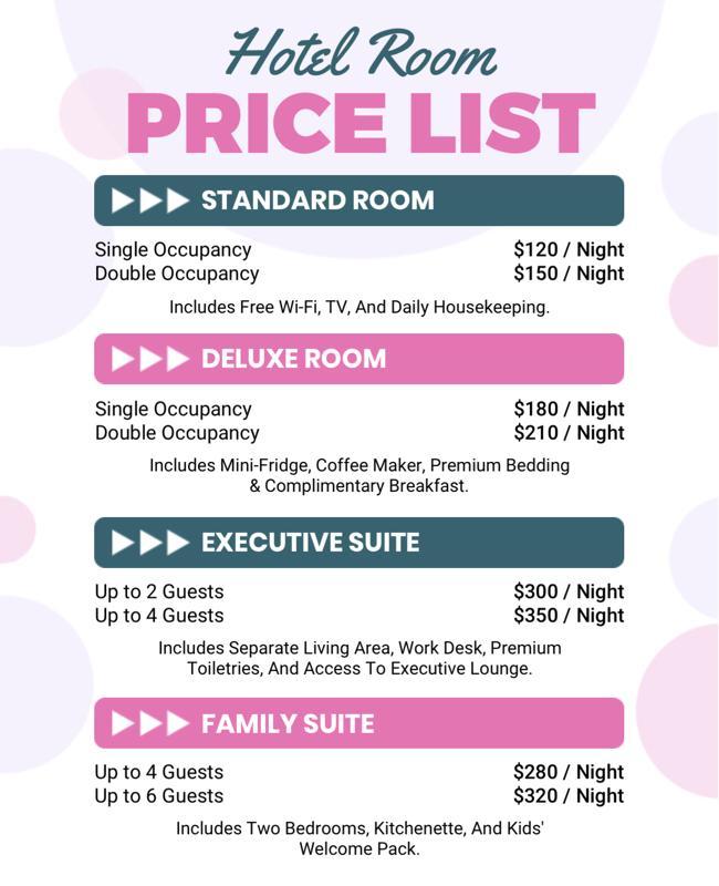 Simple Hotel Room Price List with Amenities Flyer Template