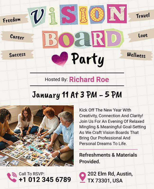 Social Gathering Goal-Setting Vision Board Crafting Party Flyer Template
