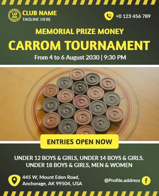 Sporty Green Carrom Tournament Prize Money Poster Template