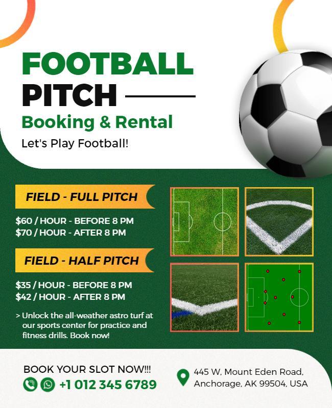 Sporty Green Football Pitch Booking Rental Poster Template