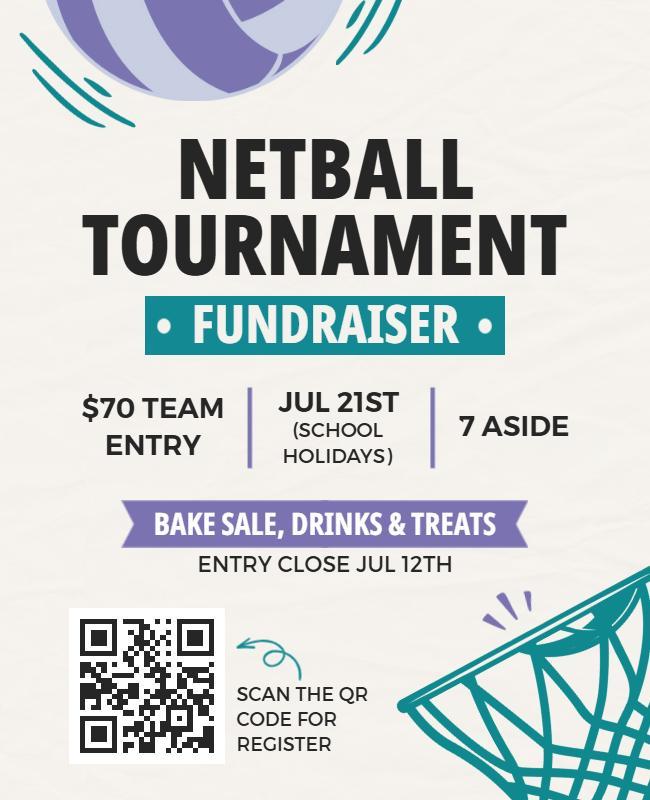Sporty Teal Netball Tournament Fundraiser Poster Template