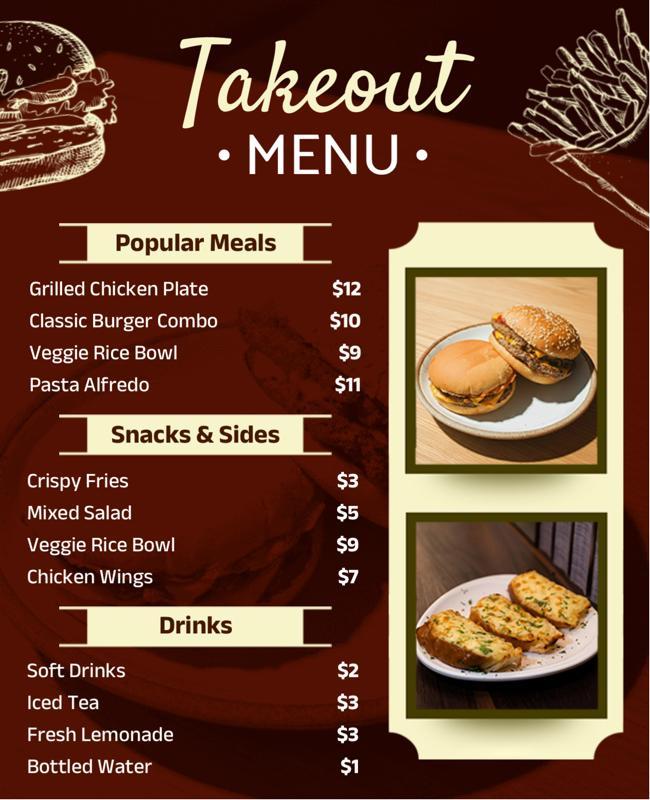 Takeout Menu with Delicious Food Options Flyer Template