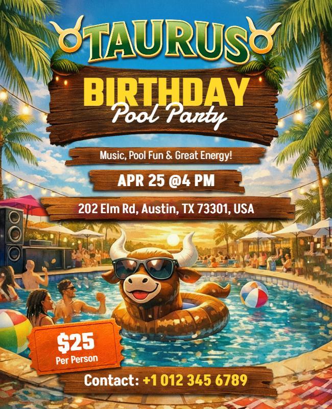Taurus Birthday Pool Party Flyer Template