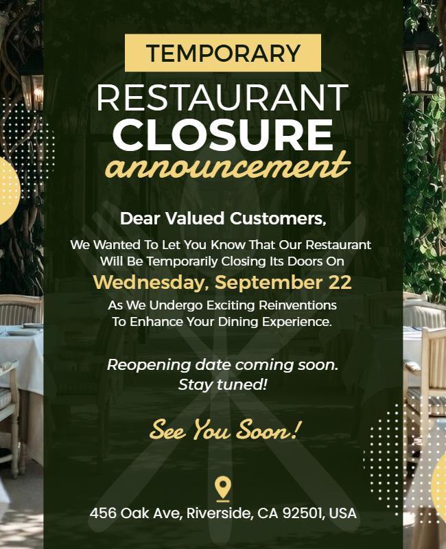 Temporary Restaurant Closure Announcement Flyer Template