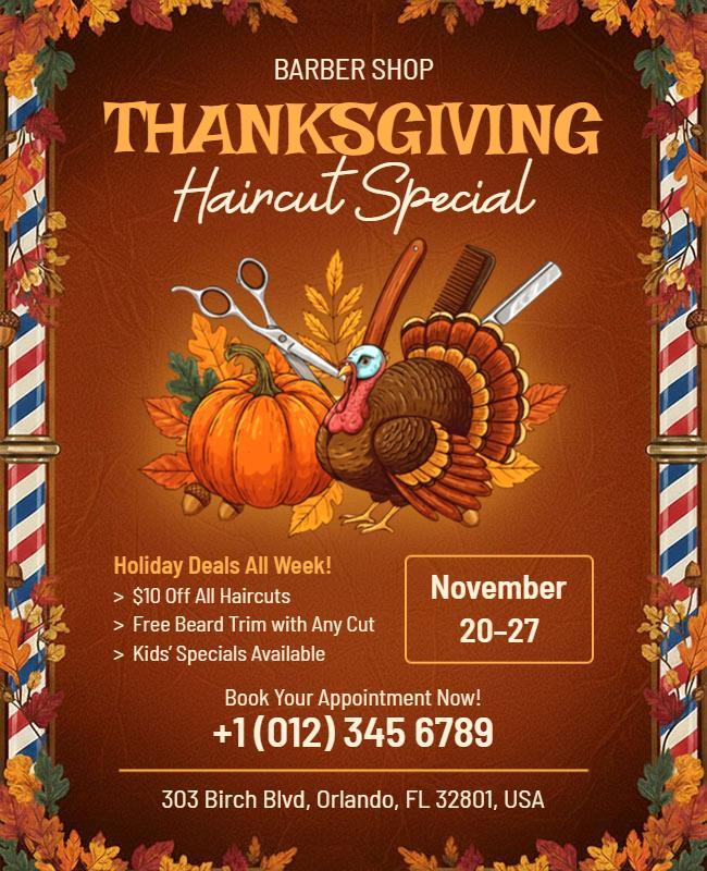 Thanksgiving Barber Shop Services Promotion Flyer Template