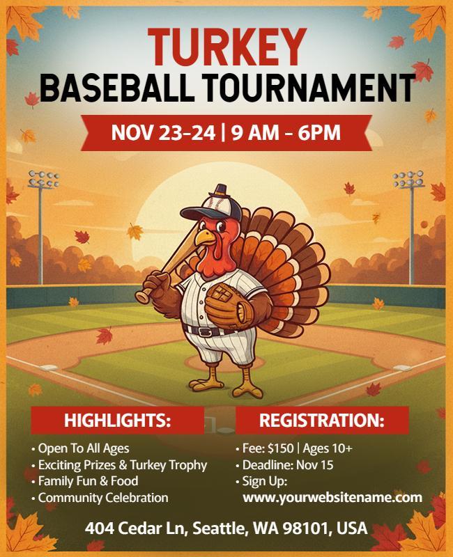 Thanksgiving Turkey Baseball Tournament Flyer Template