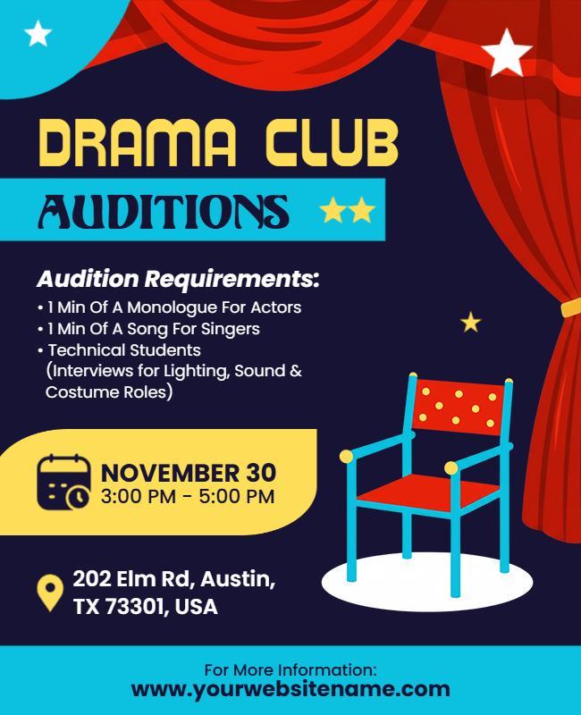 Theatrical Red Curtain Drama Auditions Invitation Flyer Template