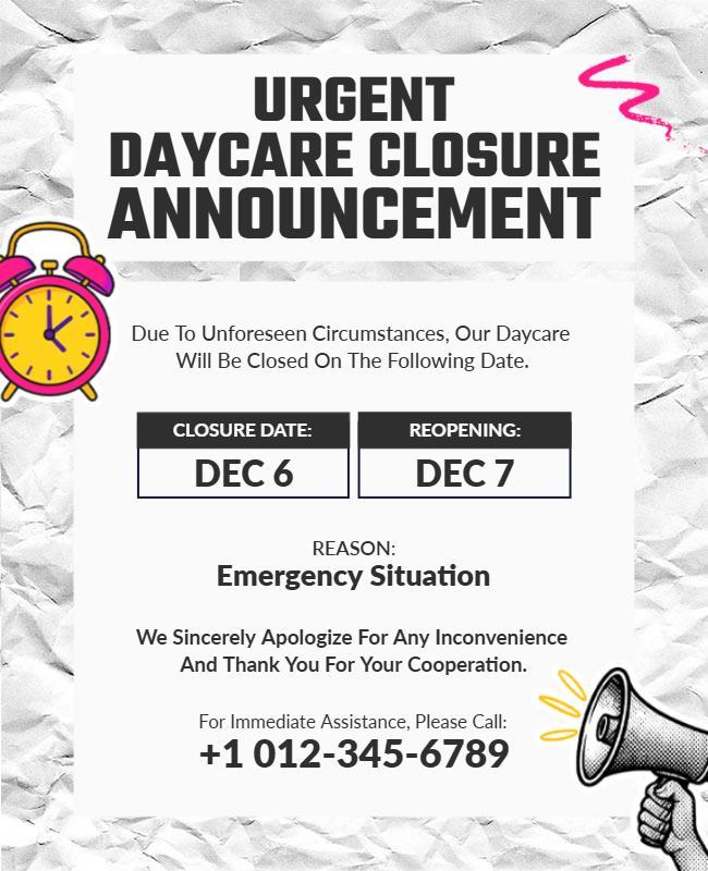 Urgent Daycare Closure Announcement Flyer Template
