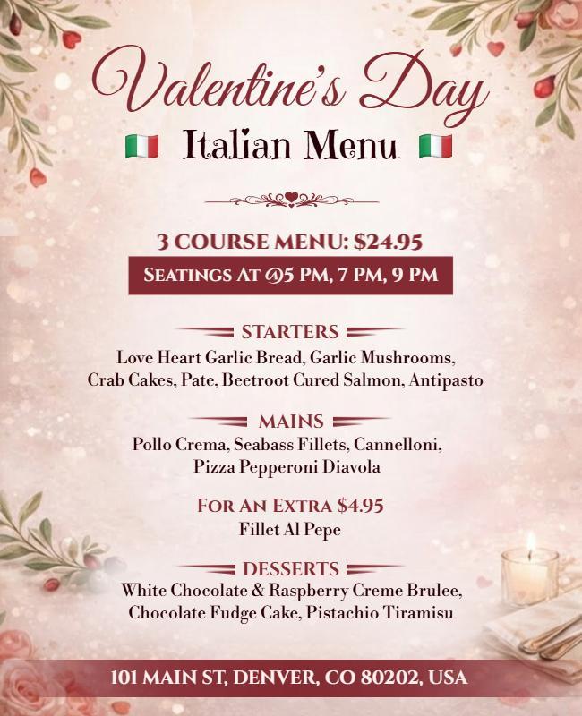 Valentine's Day Italian Restaurant Menu Flyer Template