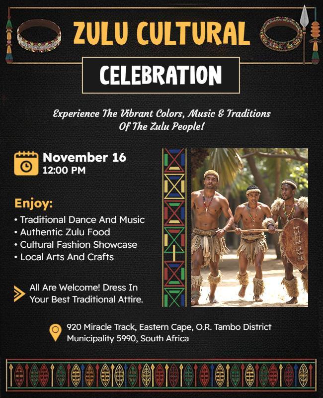 Vibrant Black Zulu Cultural Music and Arts Celebration Flyer Template