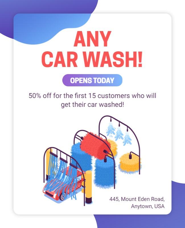 Vibrant Blue Car Wash Promotion Grand Opening Poster Template