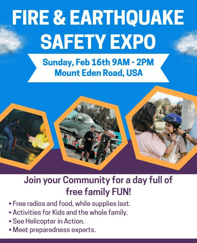 Vibrant Blue Community Fire and Earthquake Safety Expo Poster Template