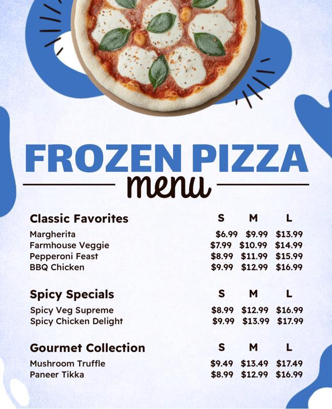 Vibrant Blue-Themed Frozen Pizza Menu Flyer Template