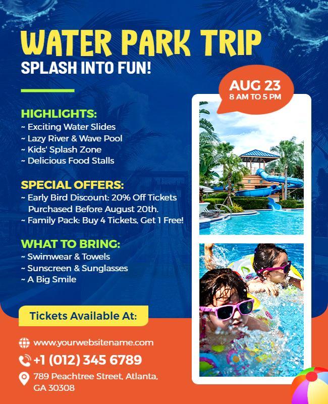 Vibrant Blue Water Park Trip Fun Experience Poster Template