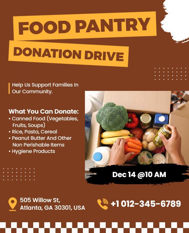 Vibrant Brown Community Support Food Donation Drive Flyer Template