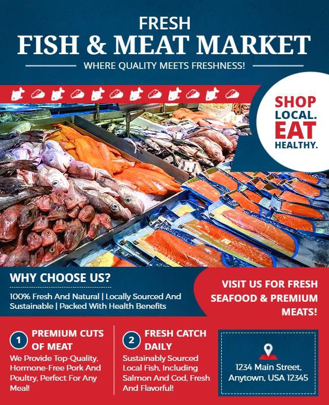 Vibrant Fresh Seafood and Premium Meat Market Poster Template