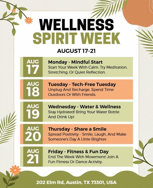 Vibrant Green Wellness Spirit Week Activity Flyer Template