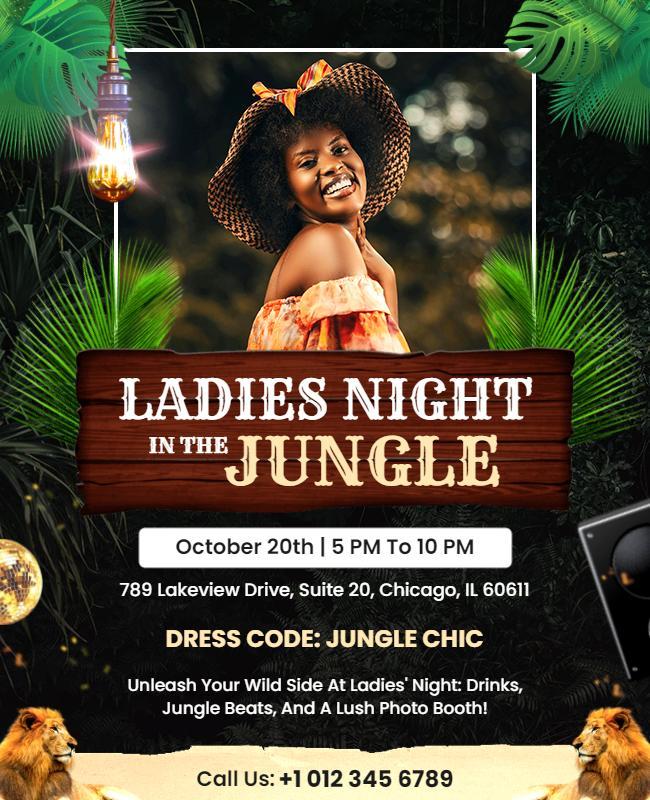 Vibrant Jungle-Themed Ladies Night Party Poster Template
