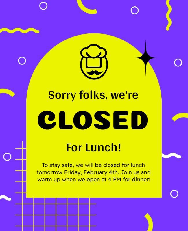 Vibrant Purple Fun Restaurant Closure Announcement Poster Template
